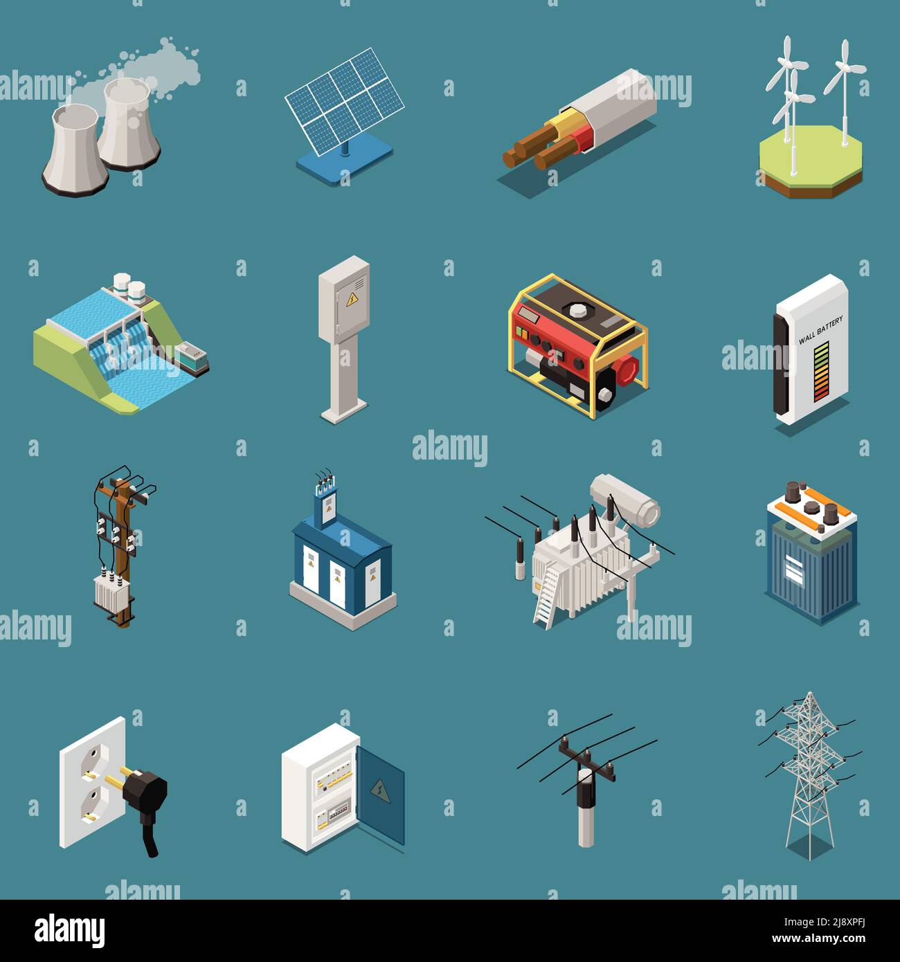 Set of sixteen isolated electricity isometric icons with images of ...