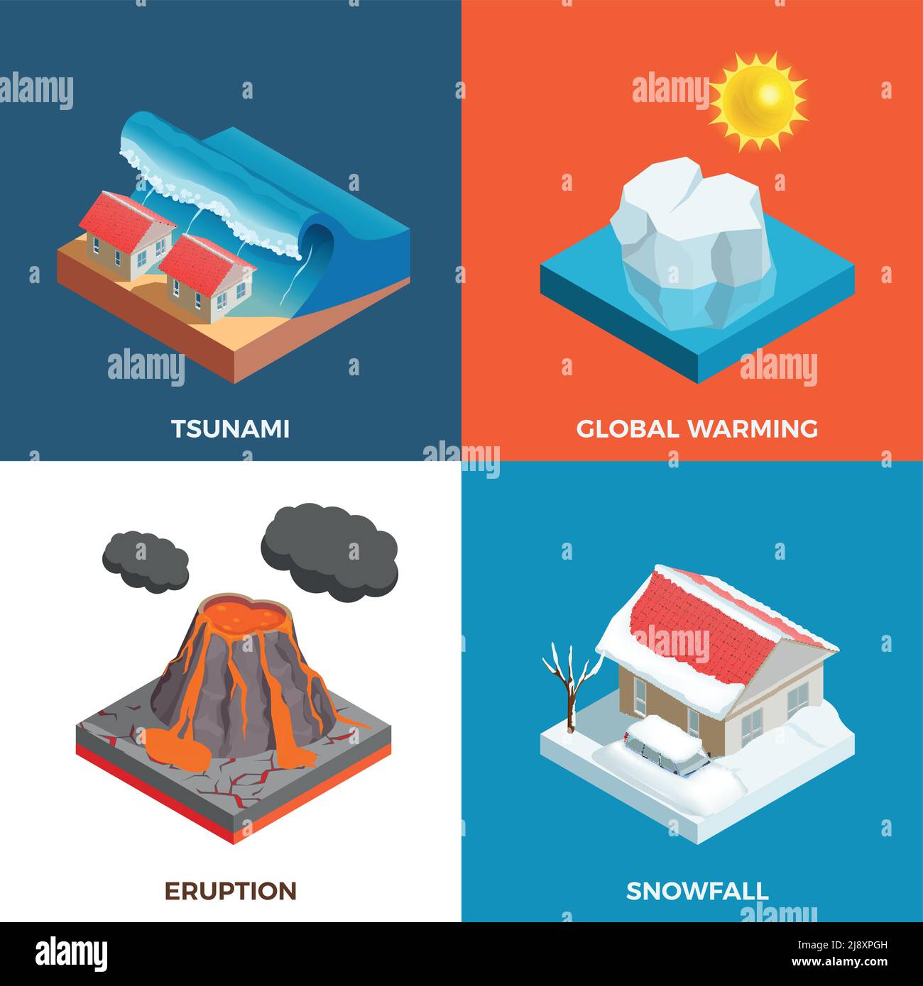 Natural disasters isometric design concept with tsunami volcano ...