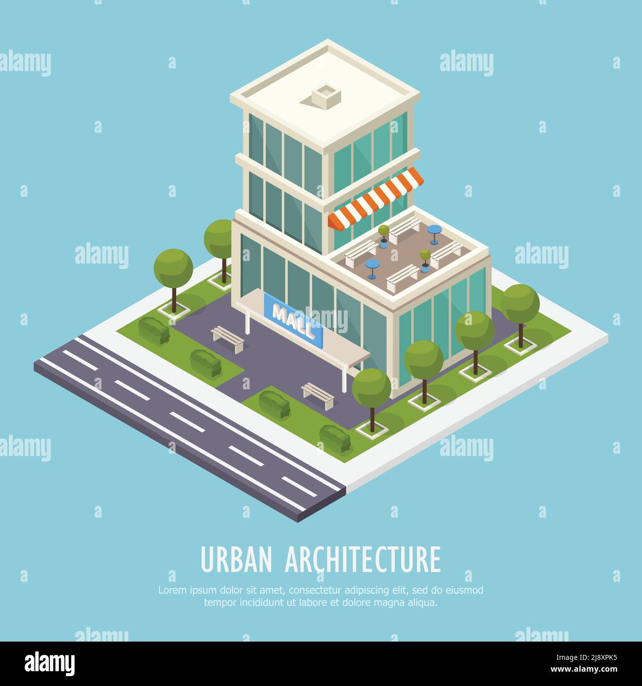 Urban architecture isometric background poster with public shopping ...