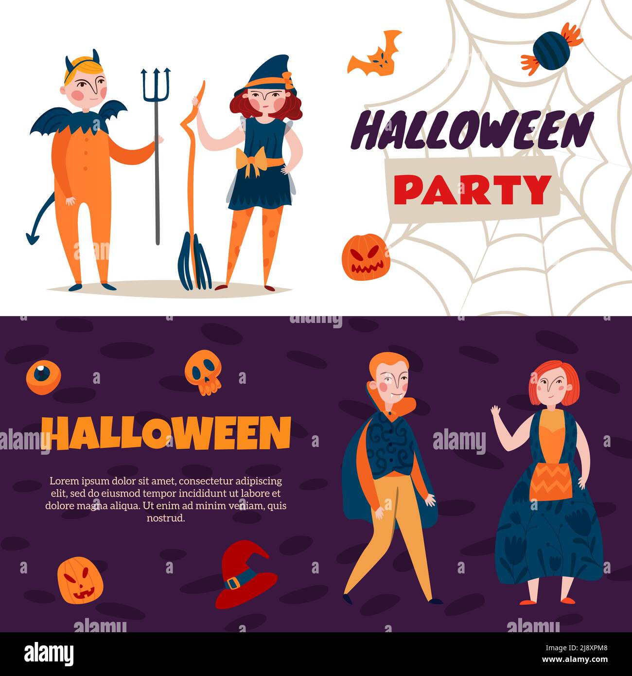 Set of two horizontal halloween kids banners with flat icons and human ...