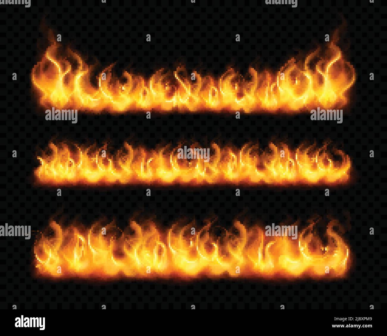 Fire flame realistic borders set of horizontal burning bonfires ...