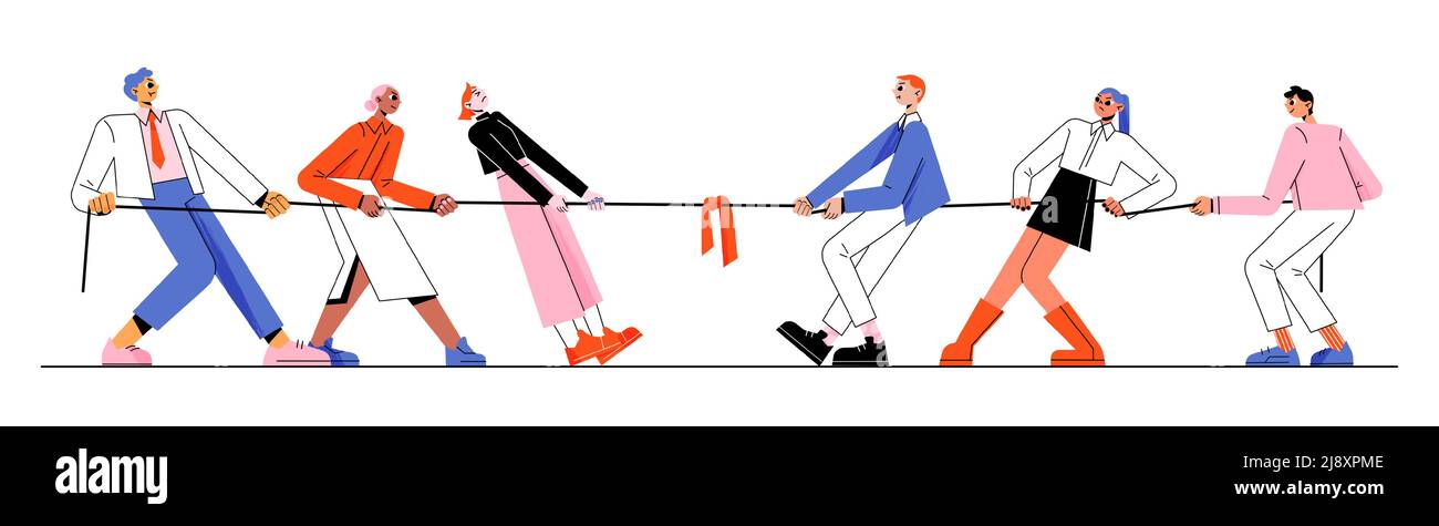 Tug of war competition, two teams pull rope. Active game for business ...