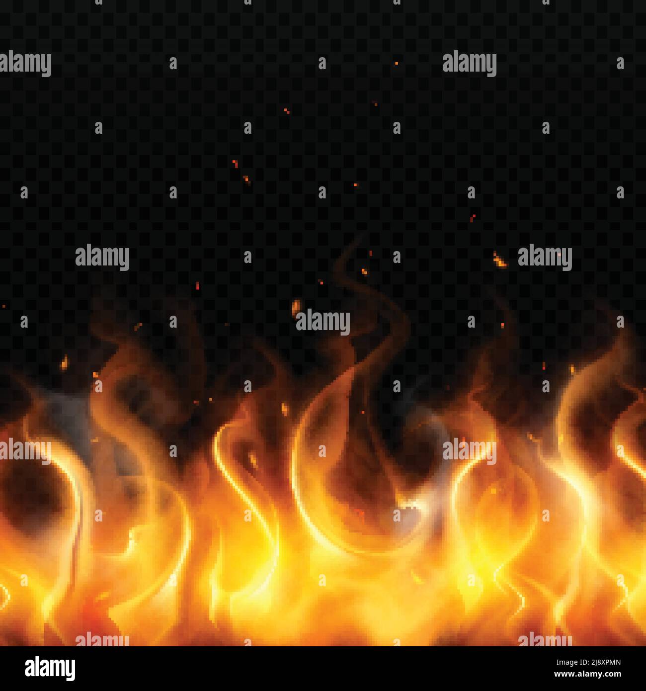 Flame of gold fire on dark transparent background with red sparks ...