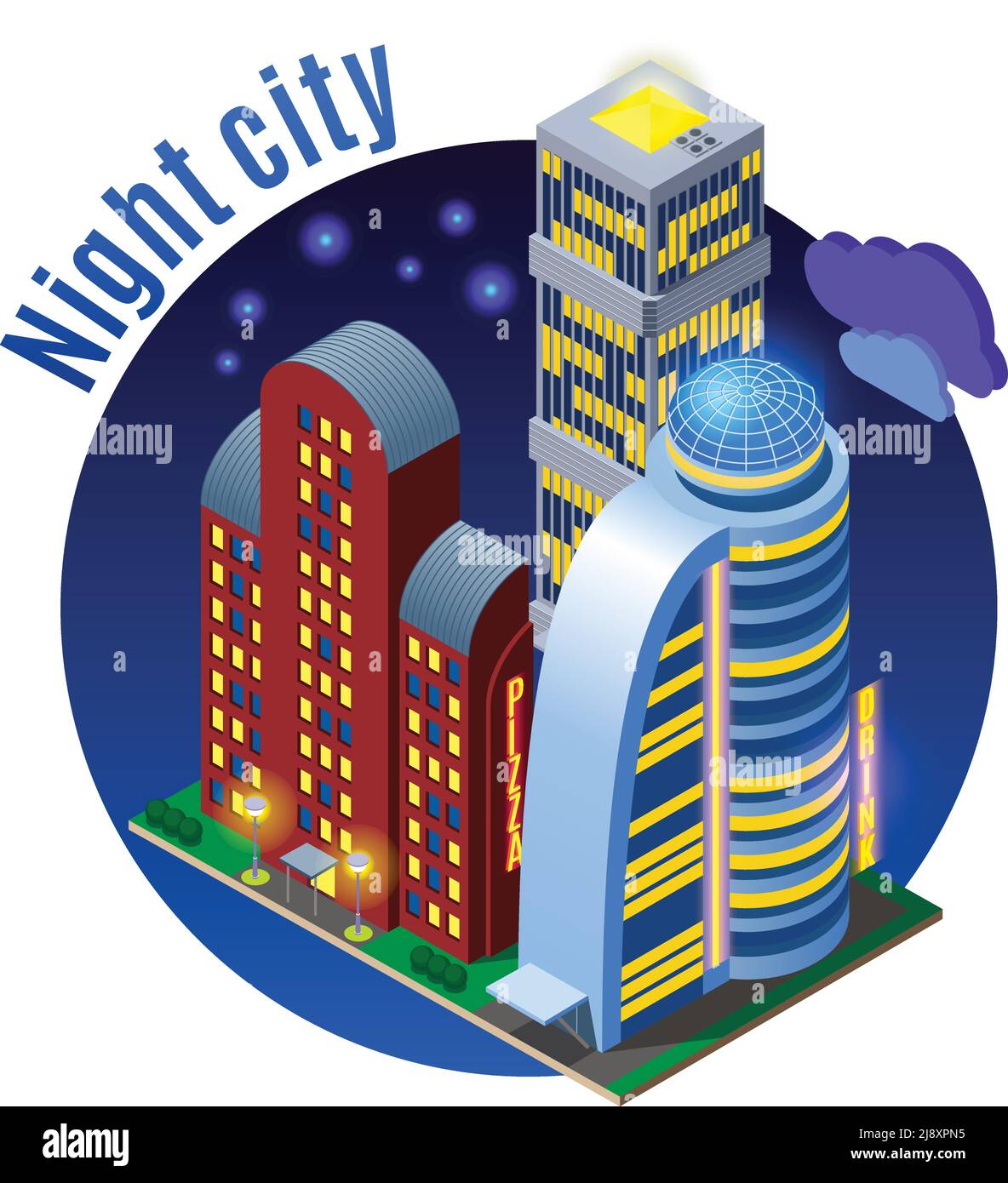 Luminous sky scrapers with modern architecture at night isometric round ...