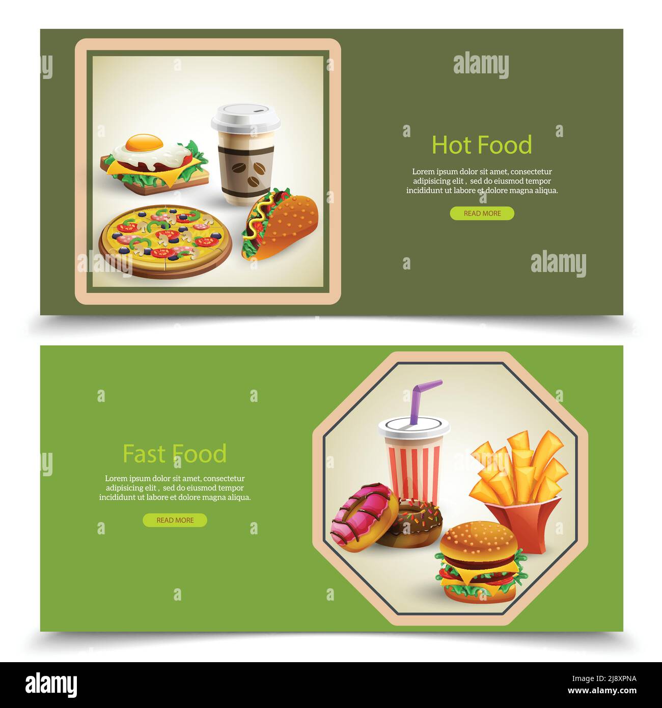 Cartoon set of two horizontal banners with fast food and drinks on ...
