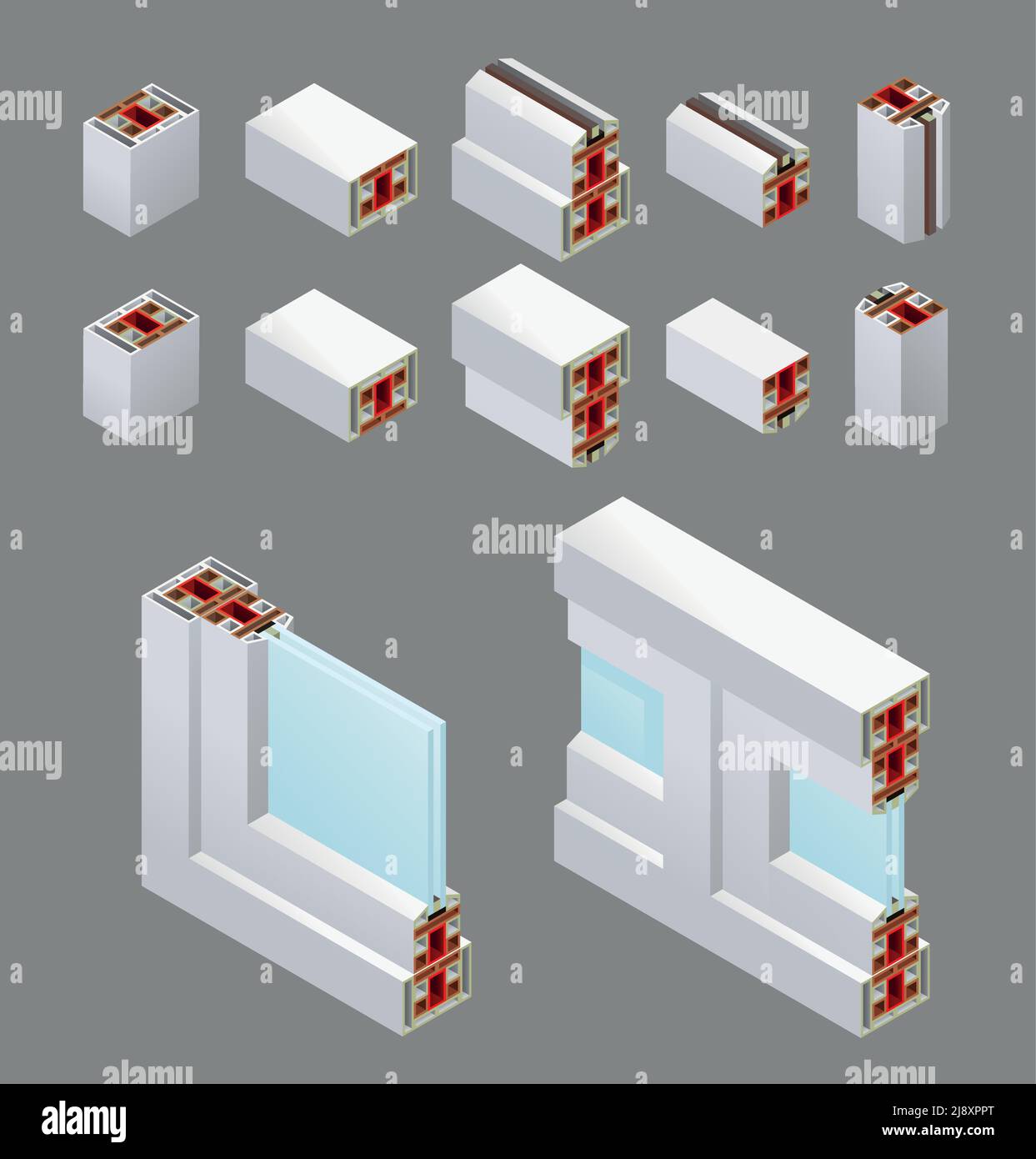 Pvc windows isometric frame elements in cut with glass isolated on grey ...