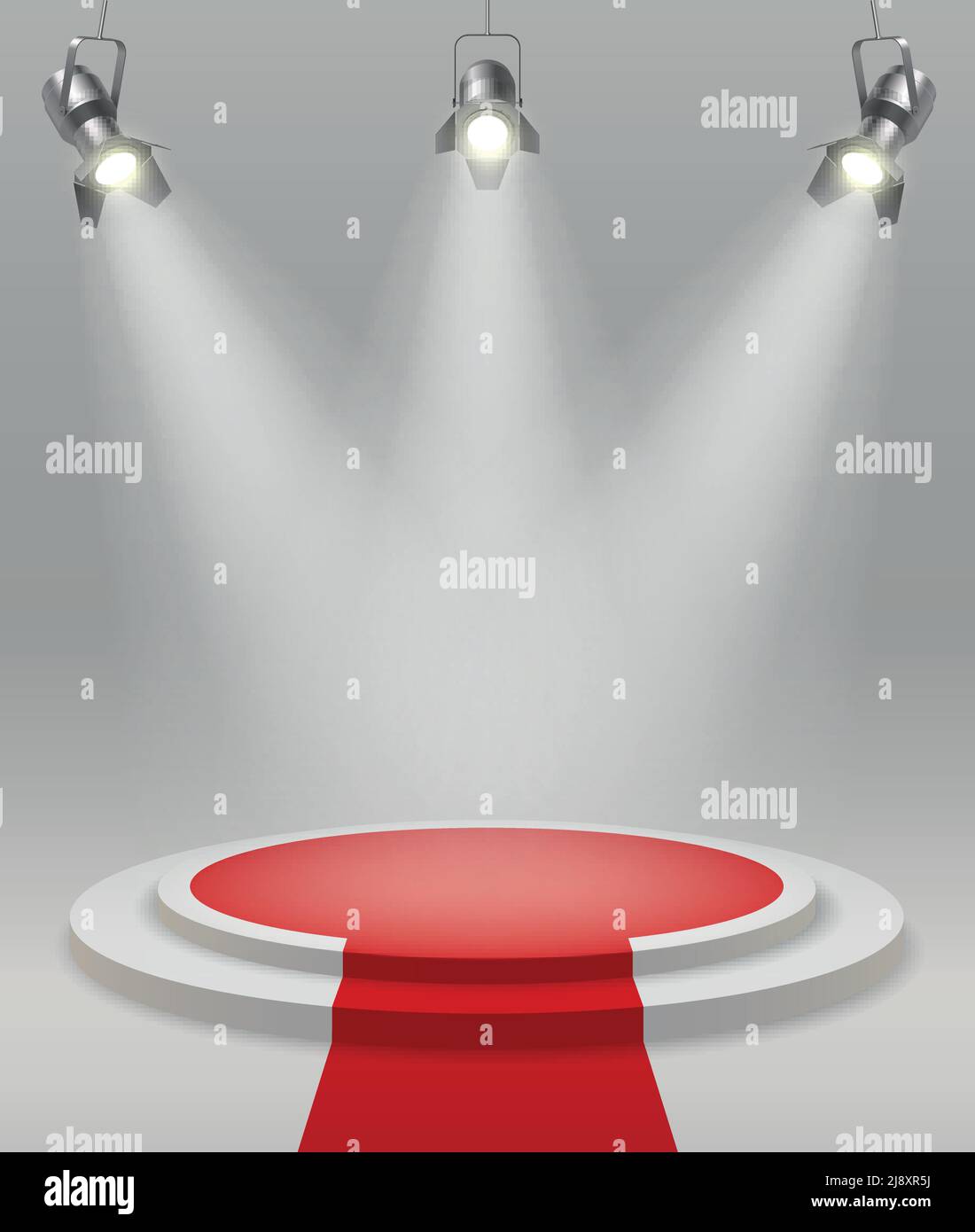 Realistic stage with spotlights red carpet in the middle of the room ...
