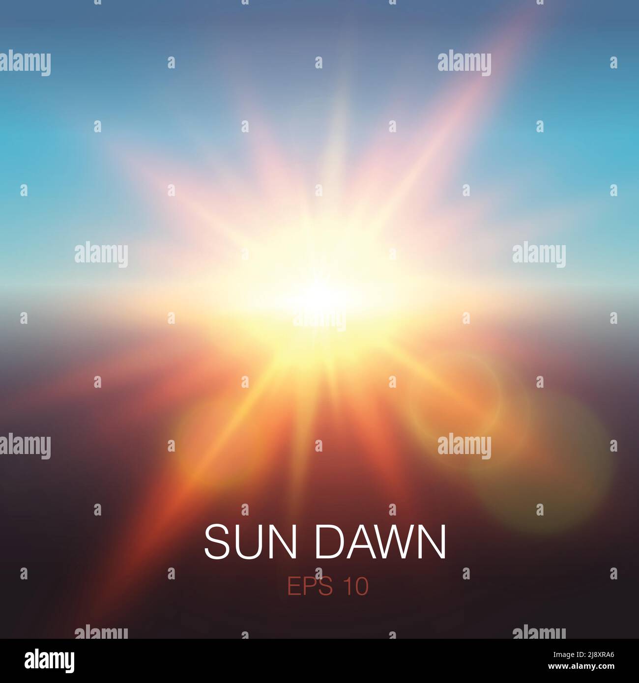 Realistic sun dawn beams of orange color and lens flares on blue sky ...