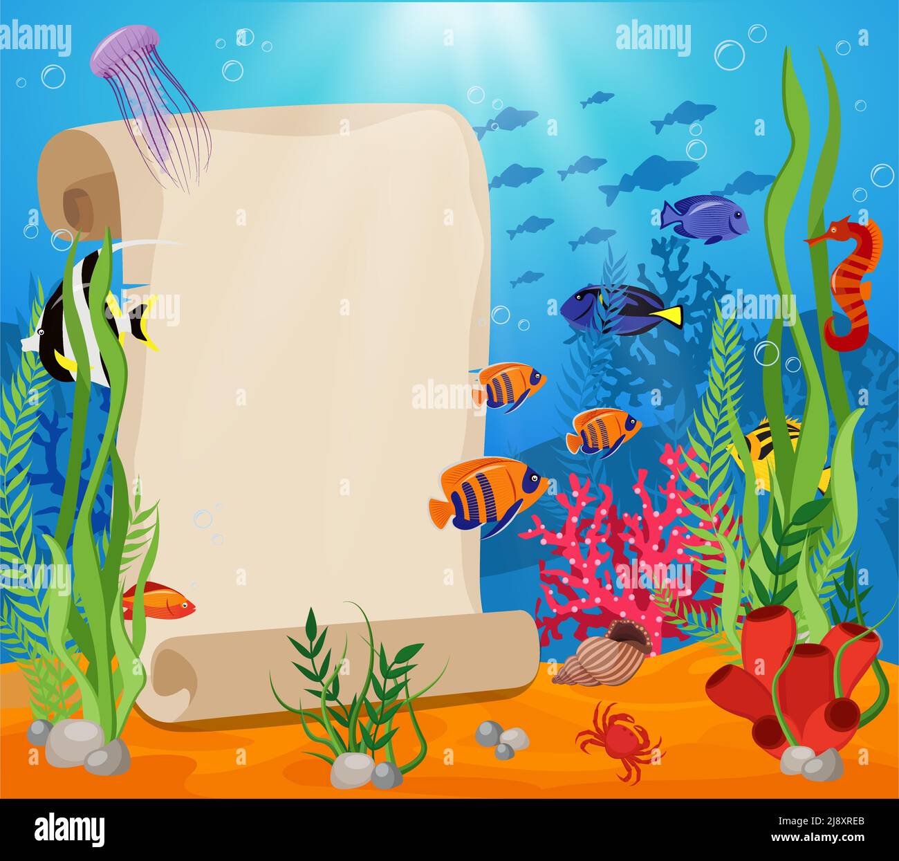 Marine life composition with white sheet for text and fish crabs algae ...