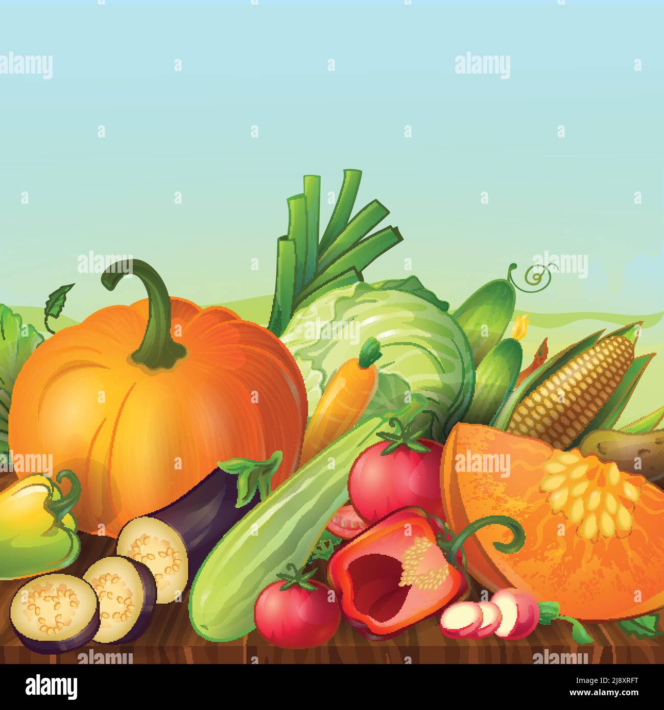 Ripe fresh and organic cartoon vegetable symbols outdoor composition ...