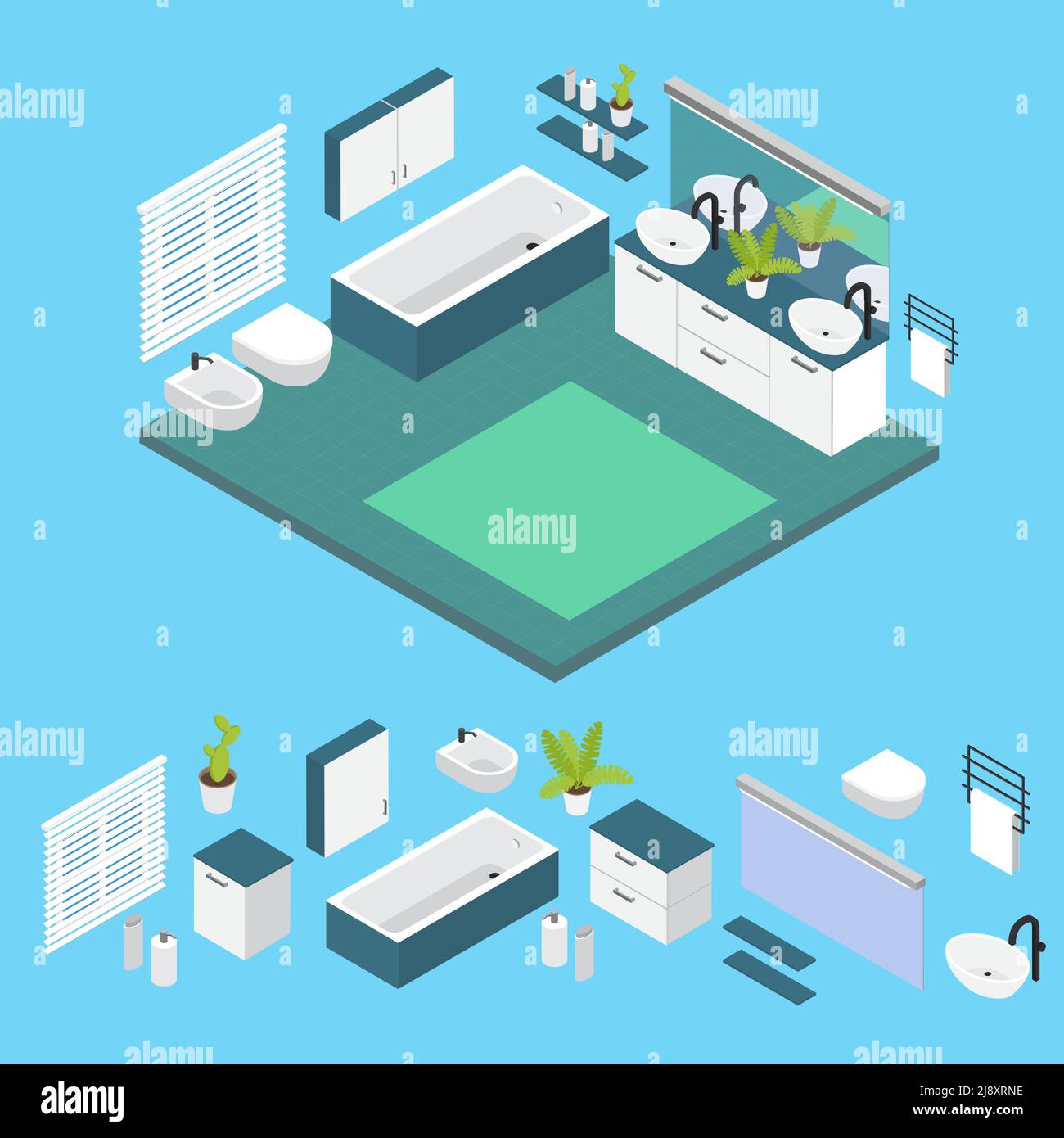 Isometric interior Bathroom layout with isolated colored icon set and ...