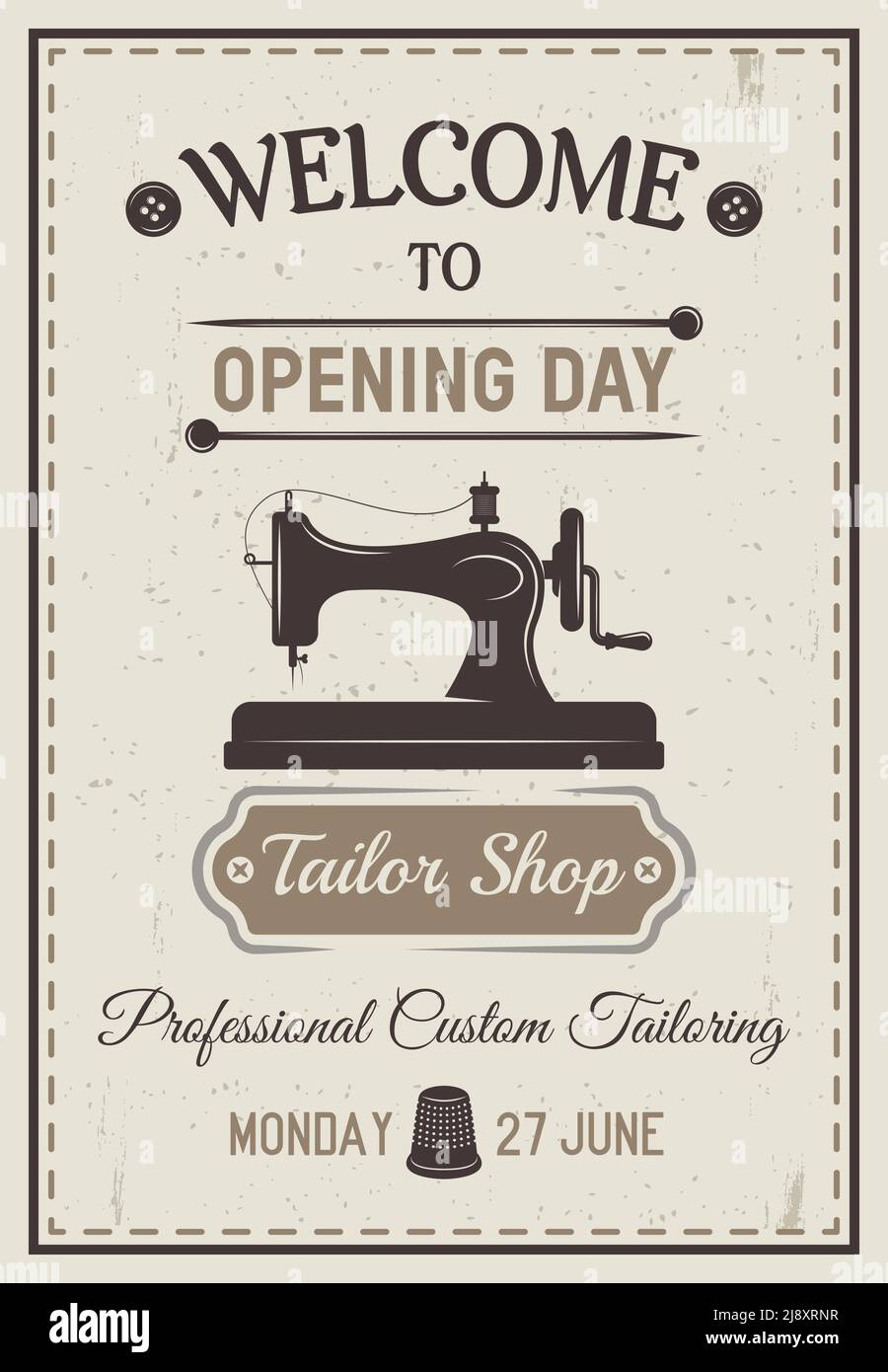 Gray tailor poster or flyer with headline welcome to opening day tailor ...