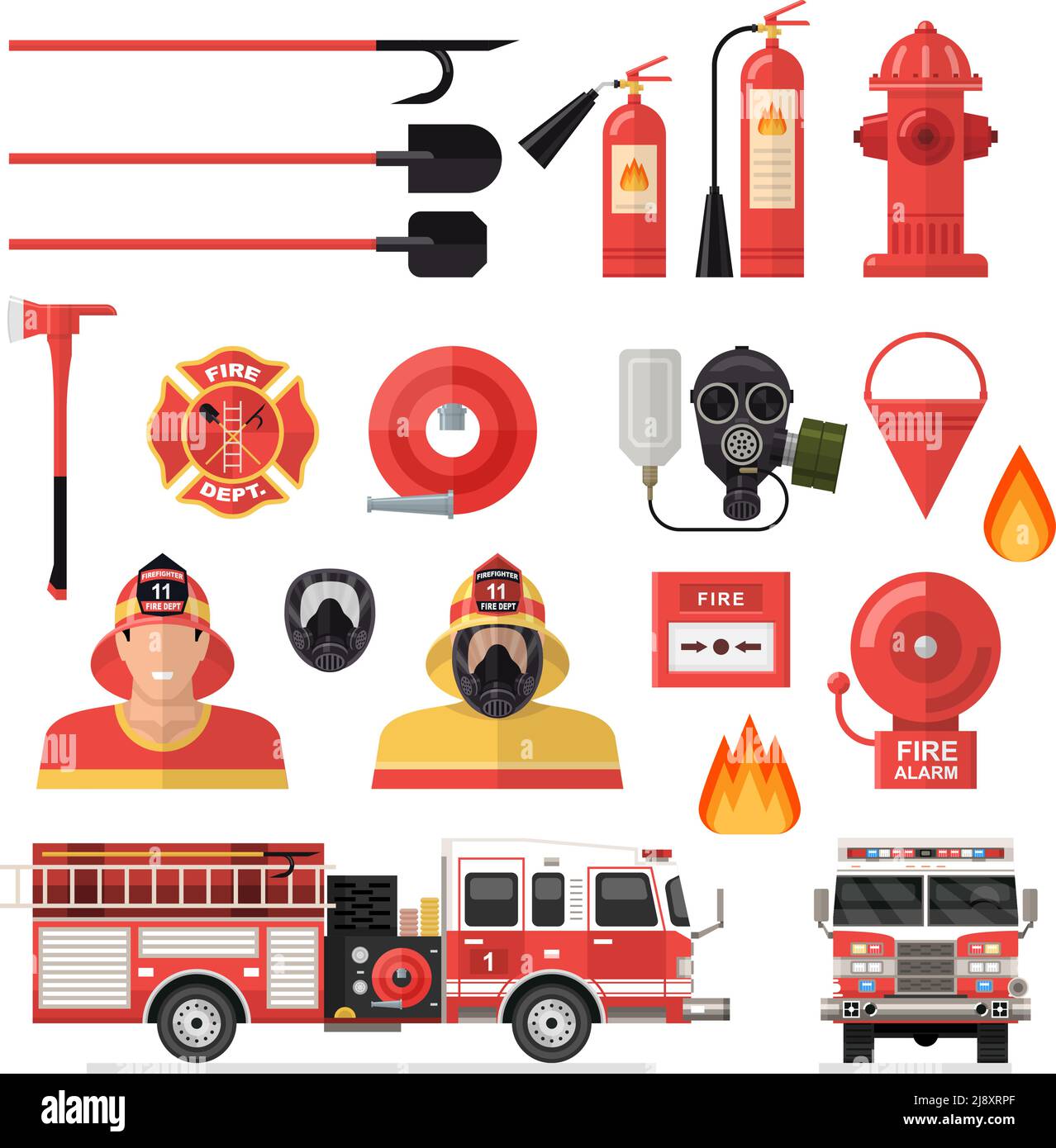 Firefighter isolated colored icon set with tools accessories and ...