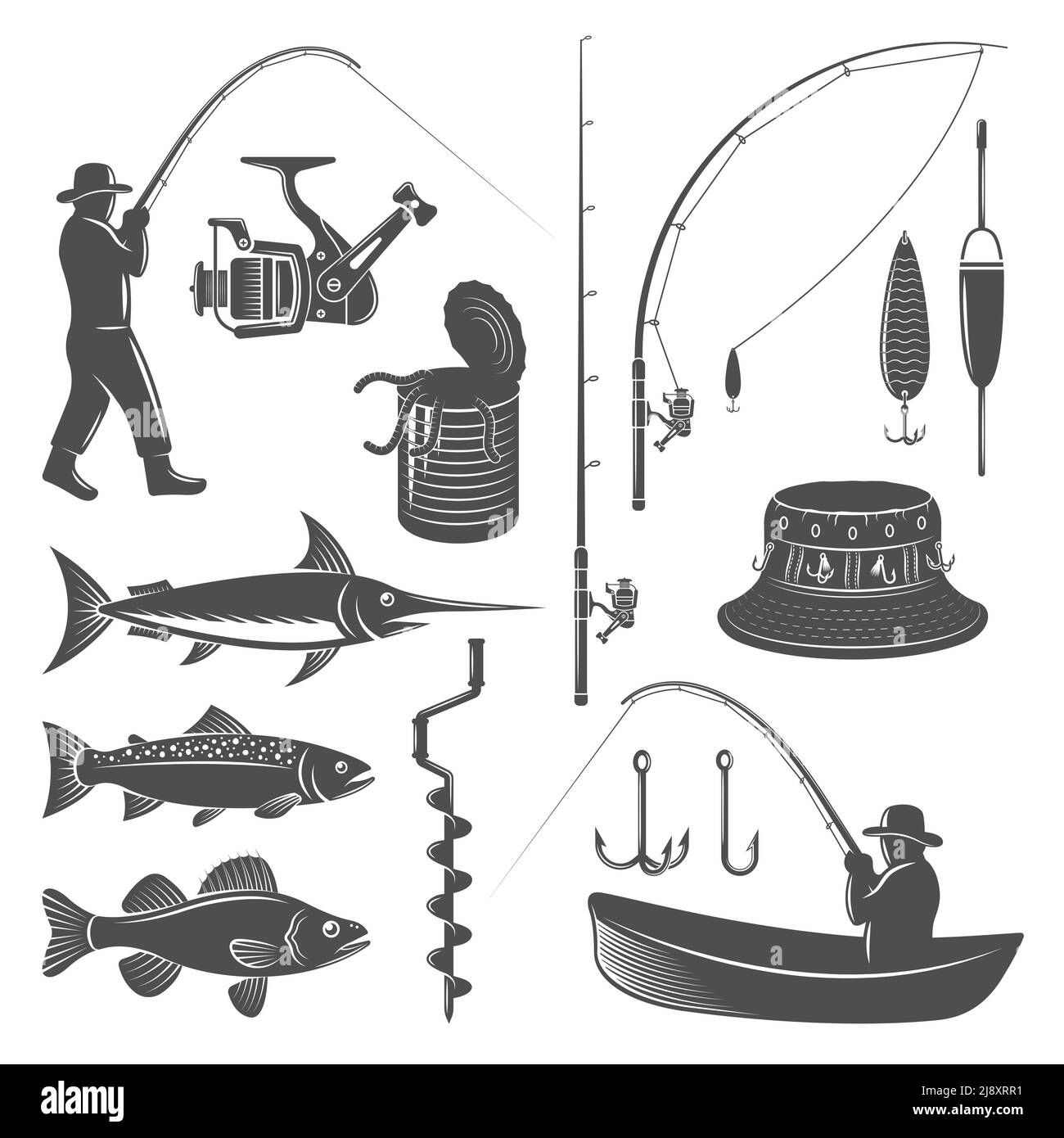 Fishing decorative graphic icons set with man in hat catch tackle bait ...