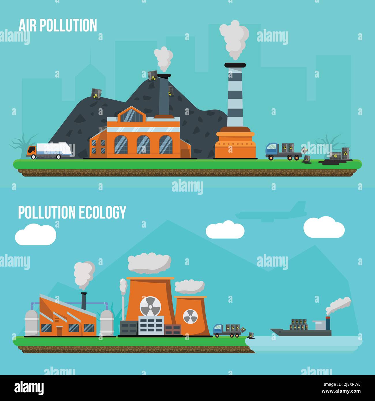 Two horizontal environmental pollution banner set with descriptions of ...