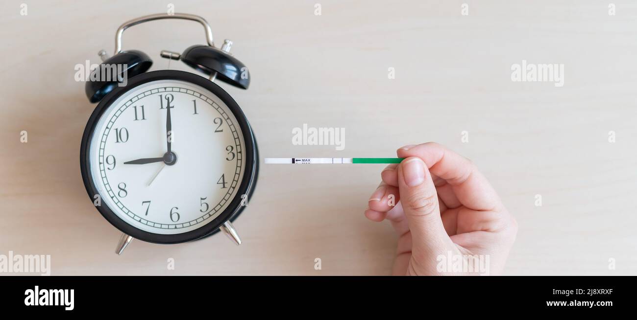 Woman holds a positive pregnancy test and alarm clock. Nine months of ...