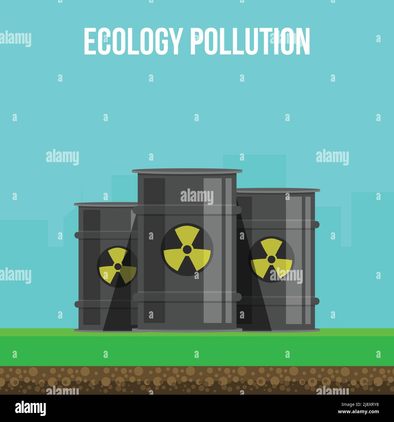 Environmental pollution poster with barrels of label radioactive danger ...