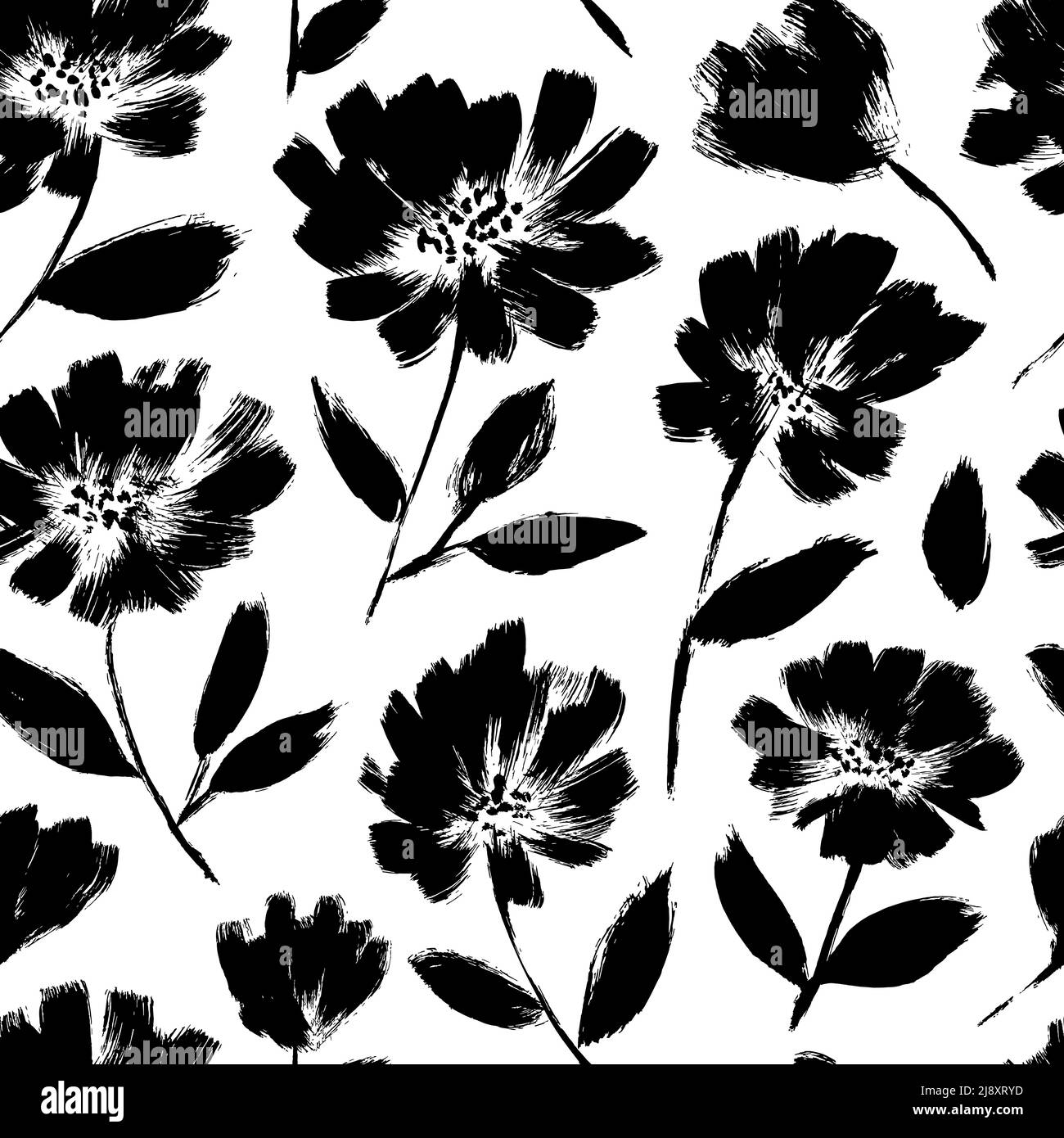 Ink drawing black flowers vector seamless pattern Stock Vector Image ...