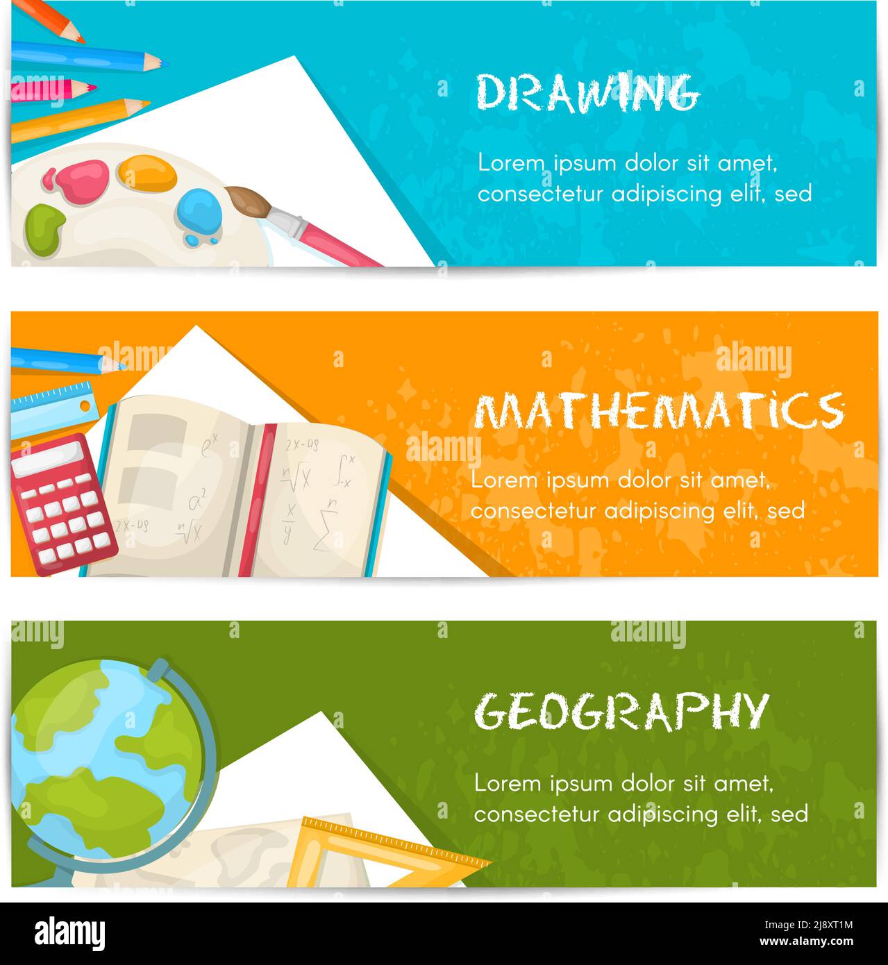 School classes banner set with descriptions of drawing mathematics and ...