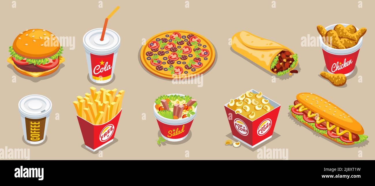 Isometric fast food elements set with hamburger cola pizza doner kebab ...
