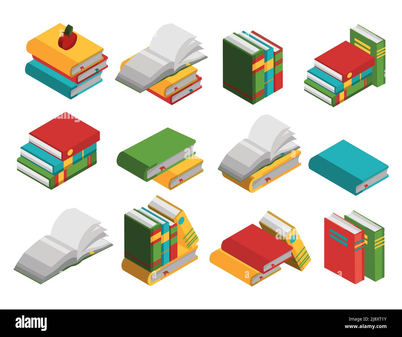 Colored school books isometric icon set closed and open lying and ...