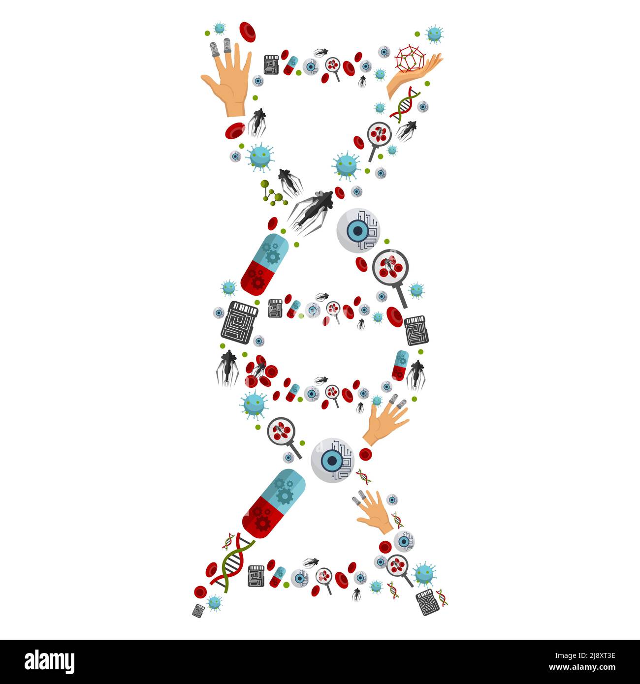 Nanotechnology icon flat set with many icons grouped in the form of DNA ...