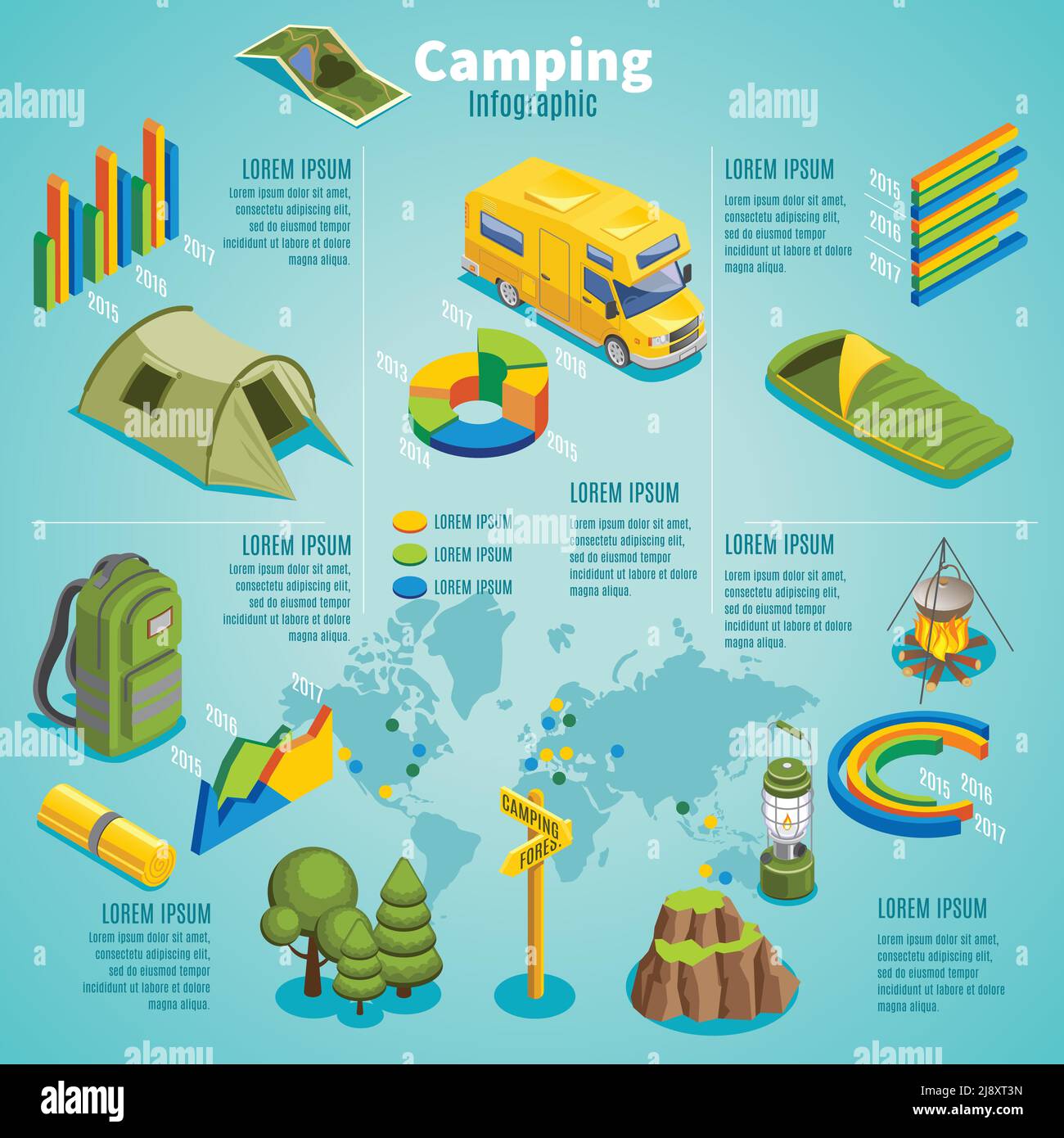 Isometric summer camping infographic template with travel bus tent map ...