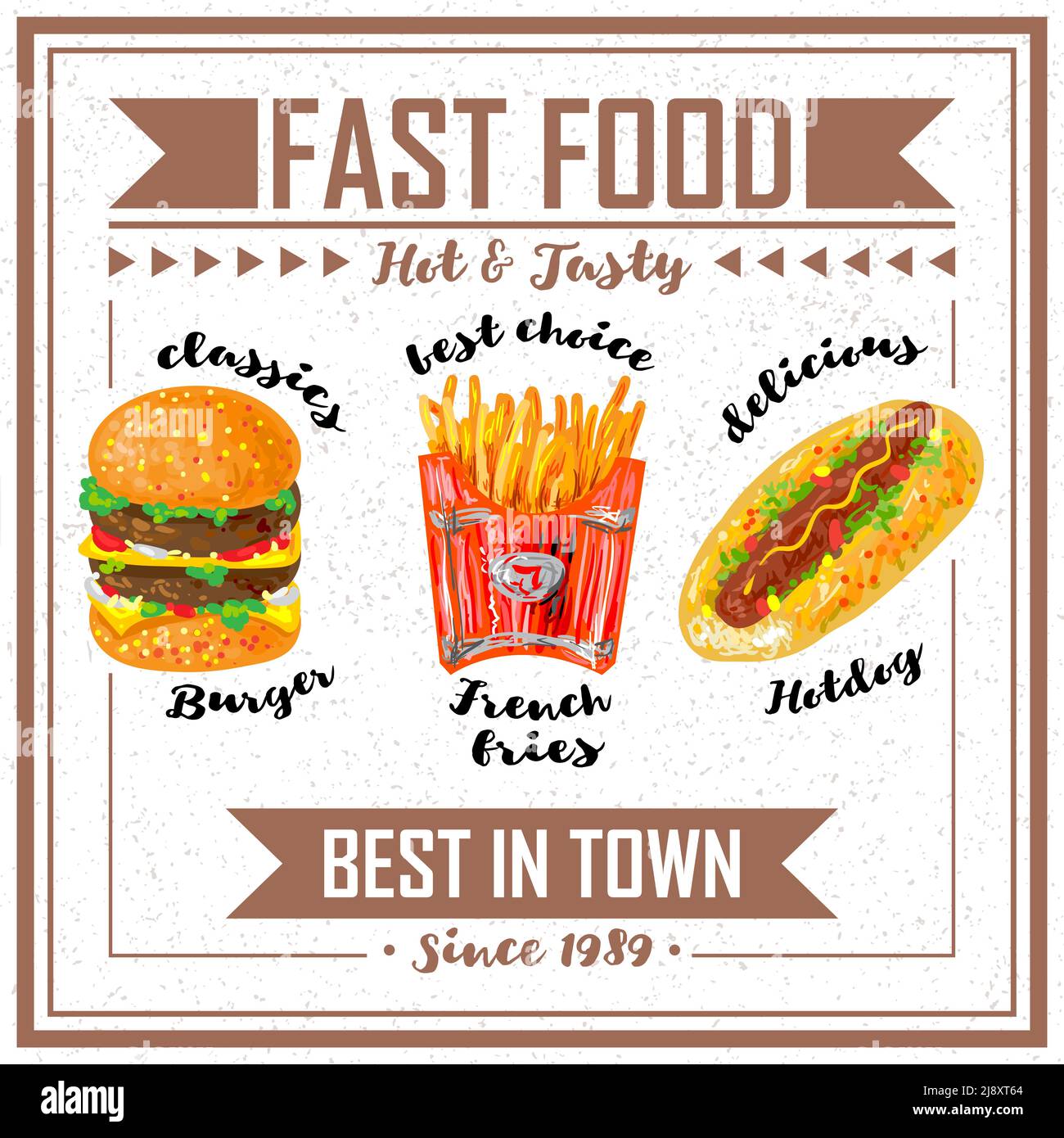 Fast food poster with title fast food hot and tasty best in town vector ...