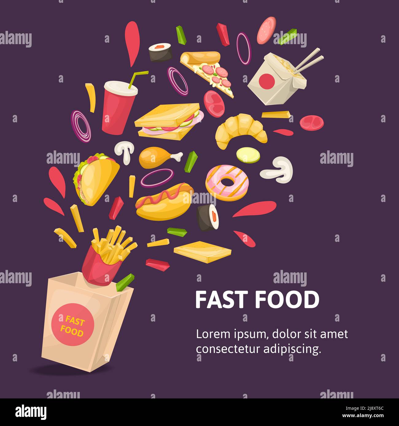 Fast food composition with carton box potato taco donut mushrooms onion ...