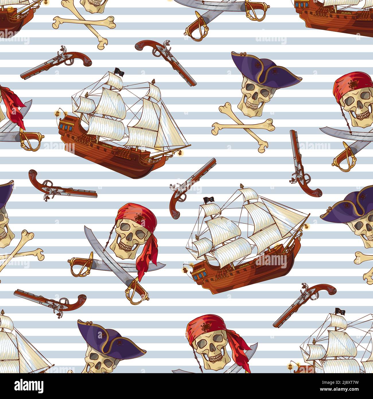 Pirates seamless pattern with jolly roger sailboat guns sabers on blue ...