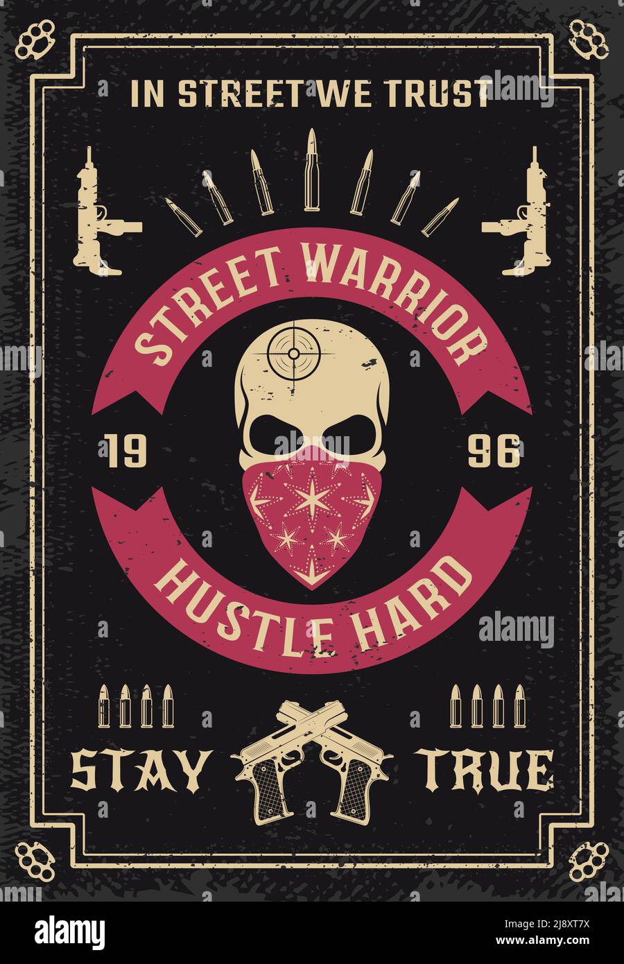 Gangster colored poster with male skull in bandana firearms and bullets ...