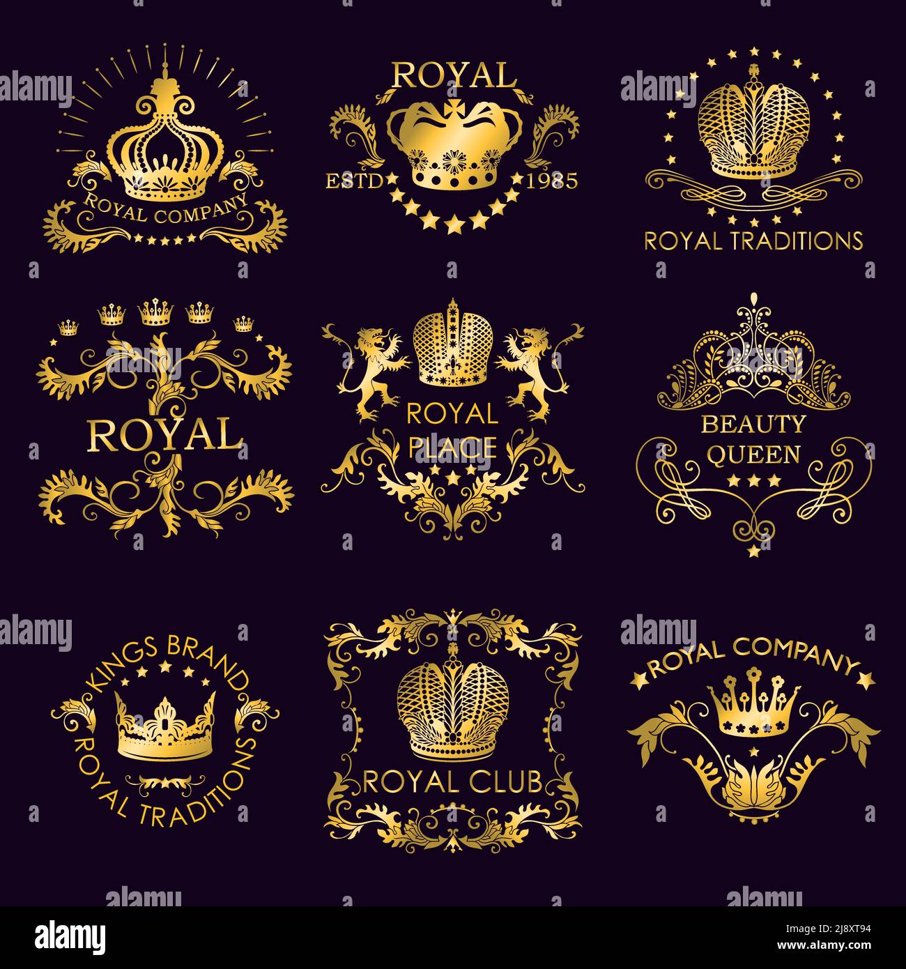Royal traditions golden logos with crowns flourish ornament stars rays ...