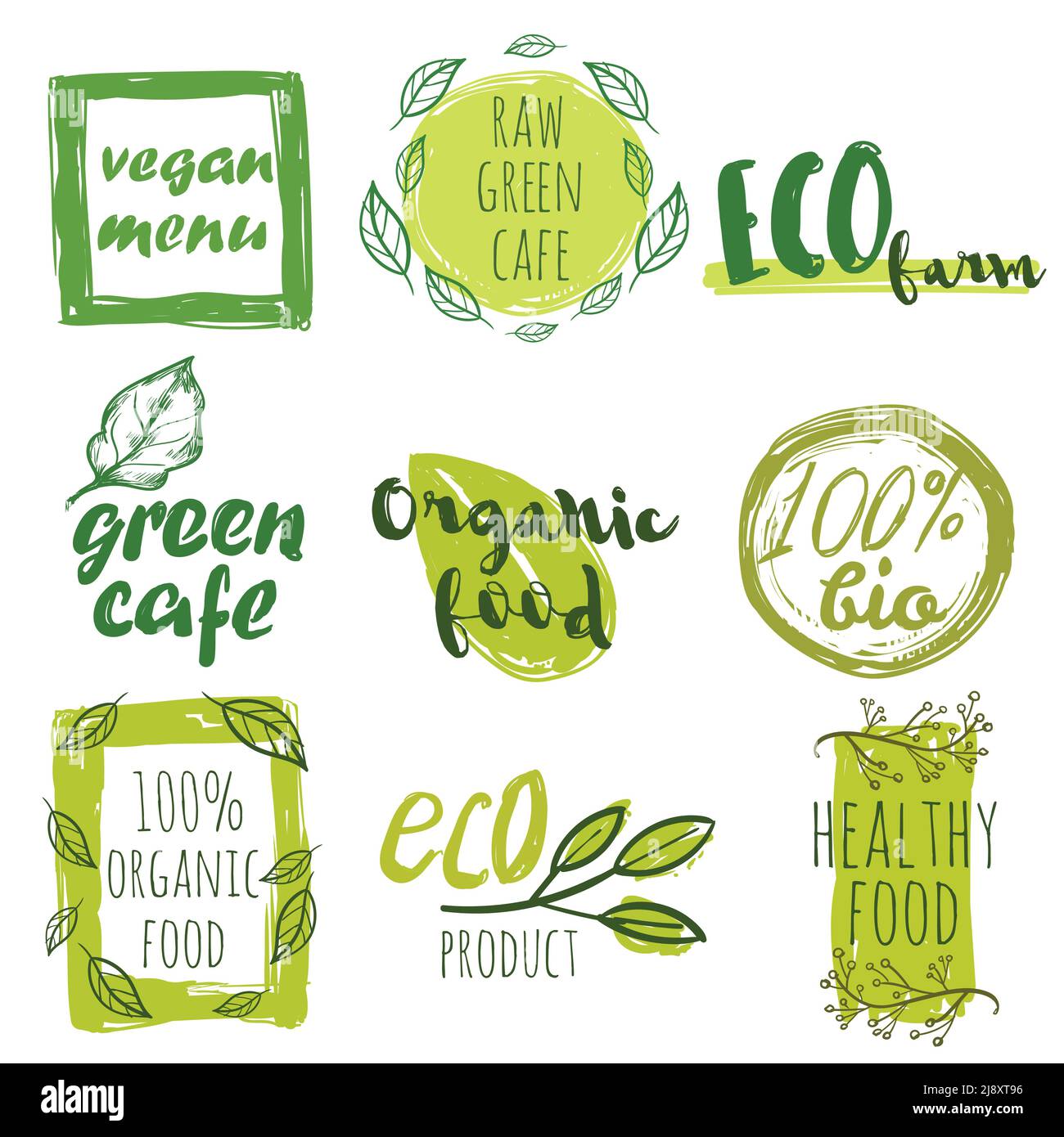 Hand drawn green organic and healthy food tag set vector illustration ...