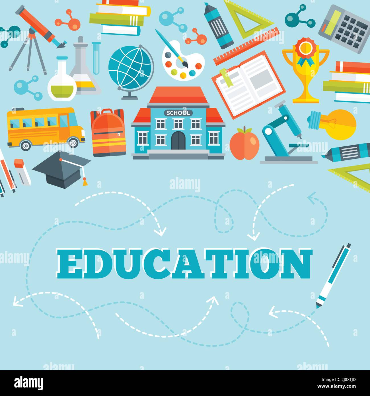 Education flat design with school building learning tools bus and ...