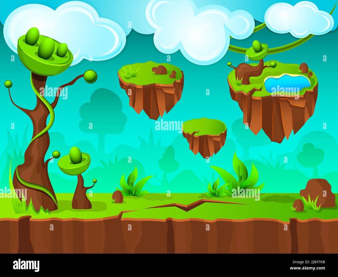 Green land game layer design with clouds and hanging islands in sky ...