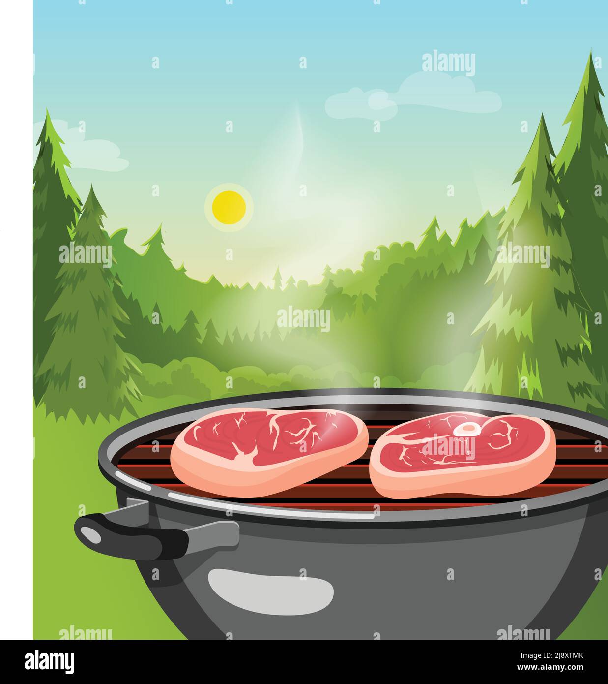 Bbq conceptual background with forest landscape and barbecue grill with ...