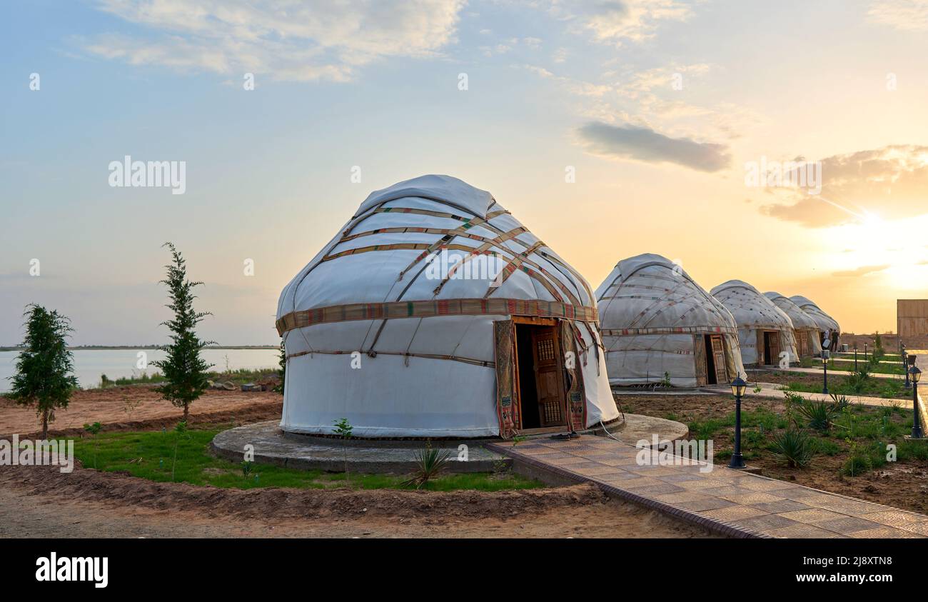 old asian yurts at sunset Stock Photo - Alamy