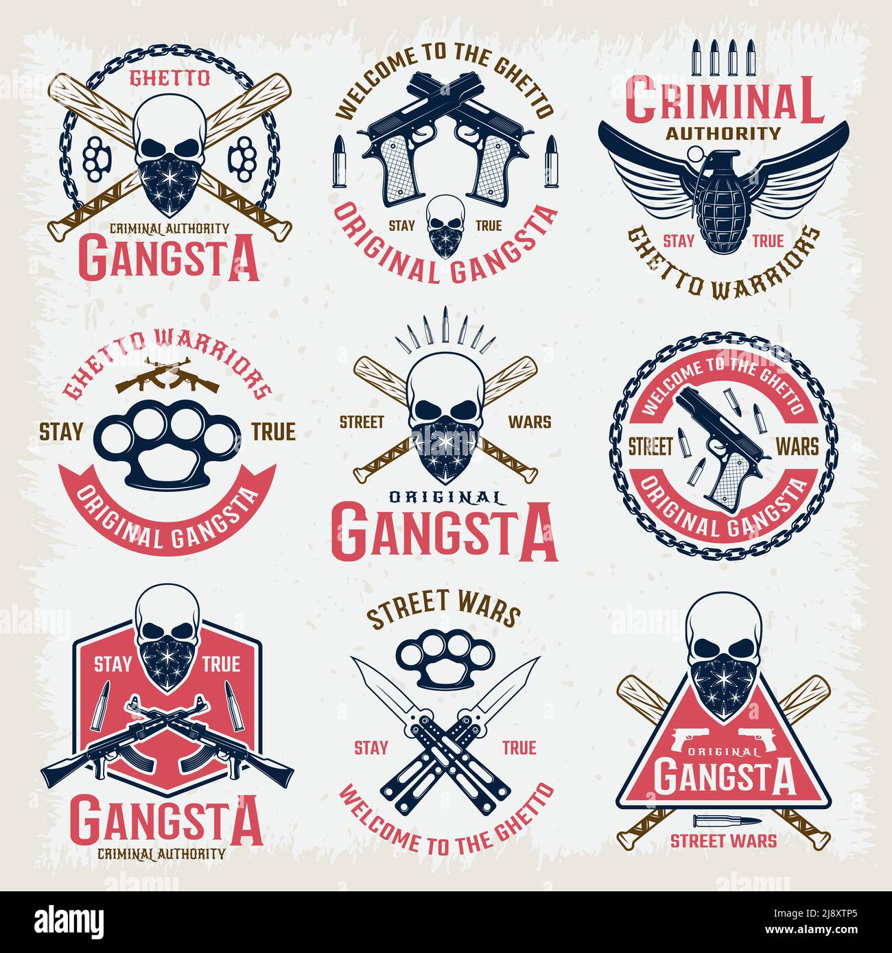 Gangster colored emblems with bandit mascot crossed bats edged weapon ...