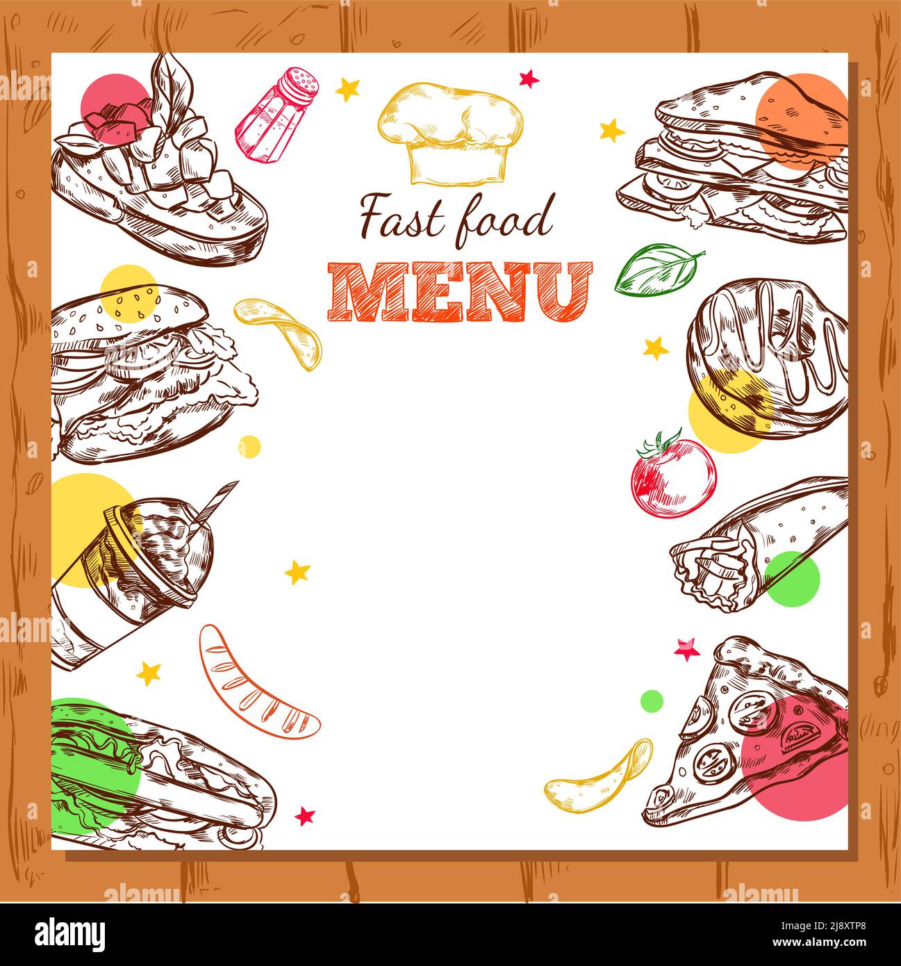 Square background for fast food restaurant menu with decorative wooden ...