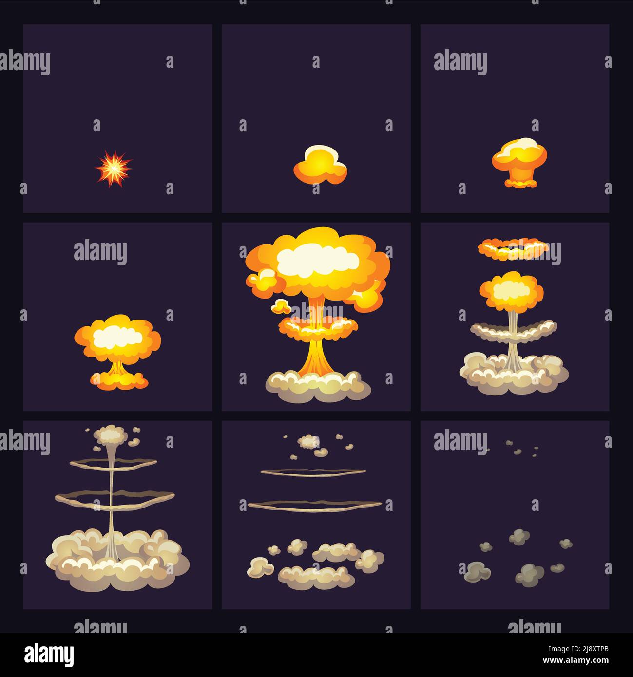 Explosion effects at various stages icons set with circles of smoke on ...