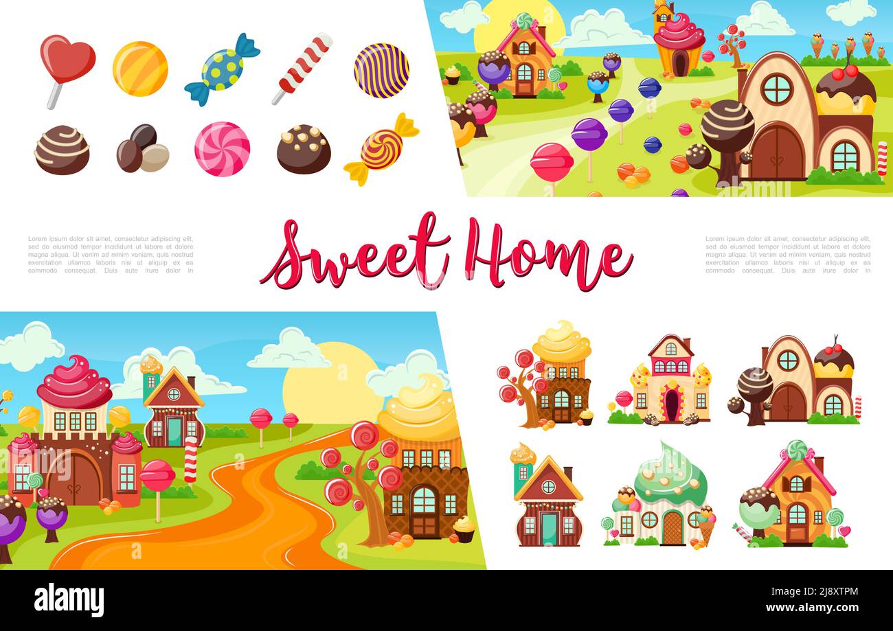 Flat sweets colorful collection with candies and lollipops of different ...