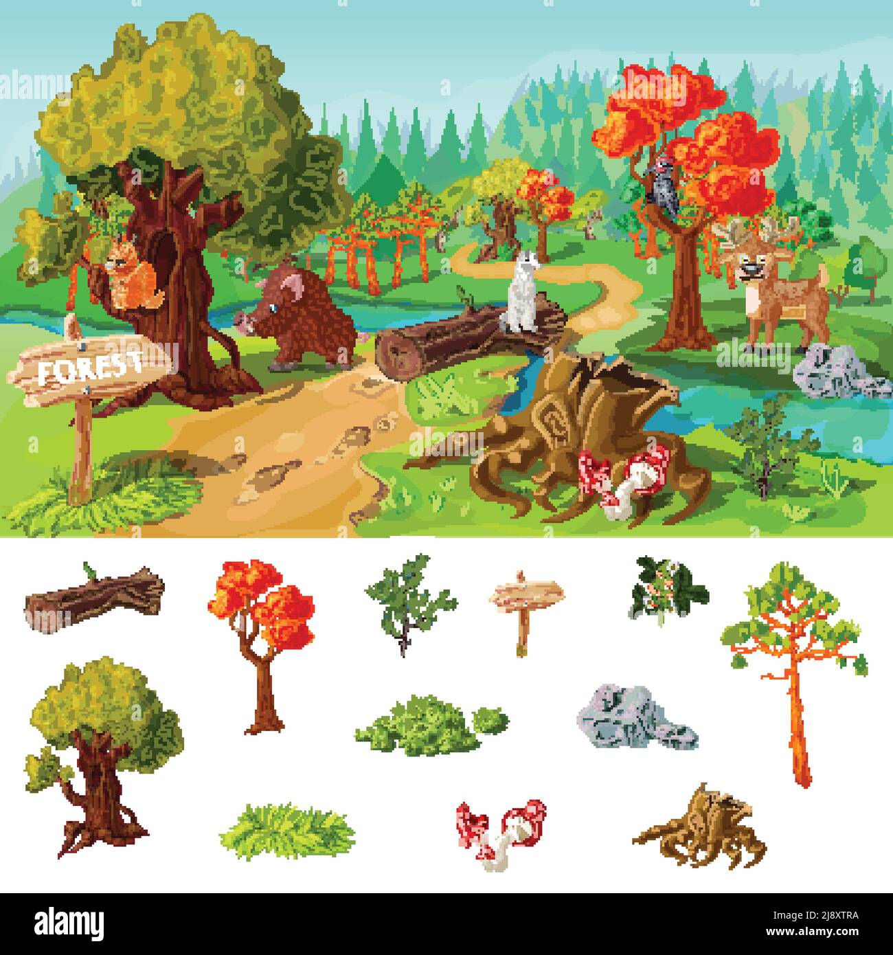 Forest elements concept with woodland pathway design and set of icons trees and grass isolated ...