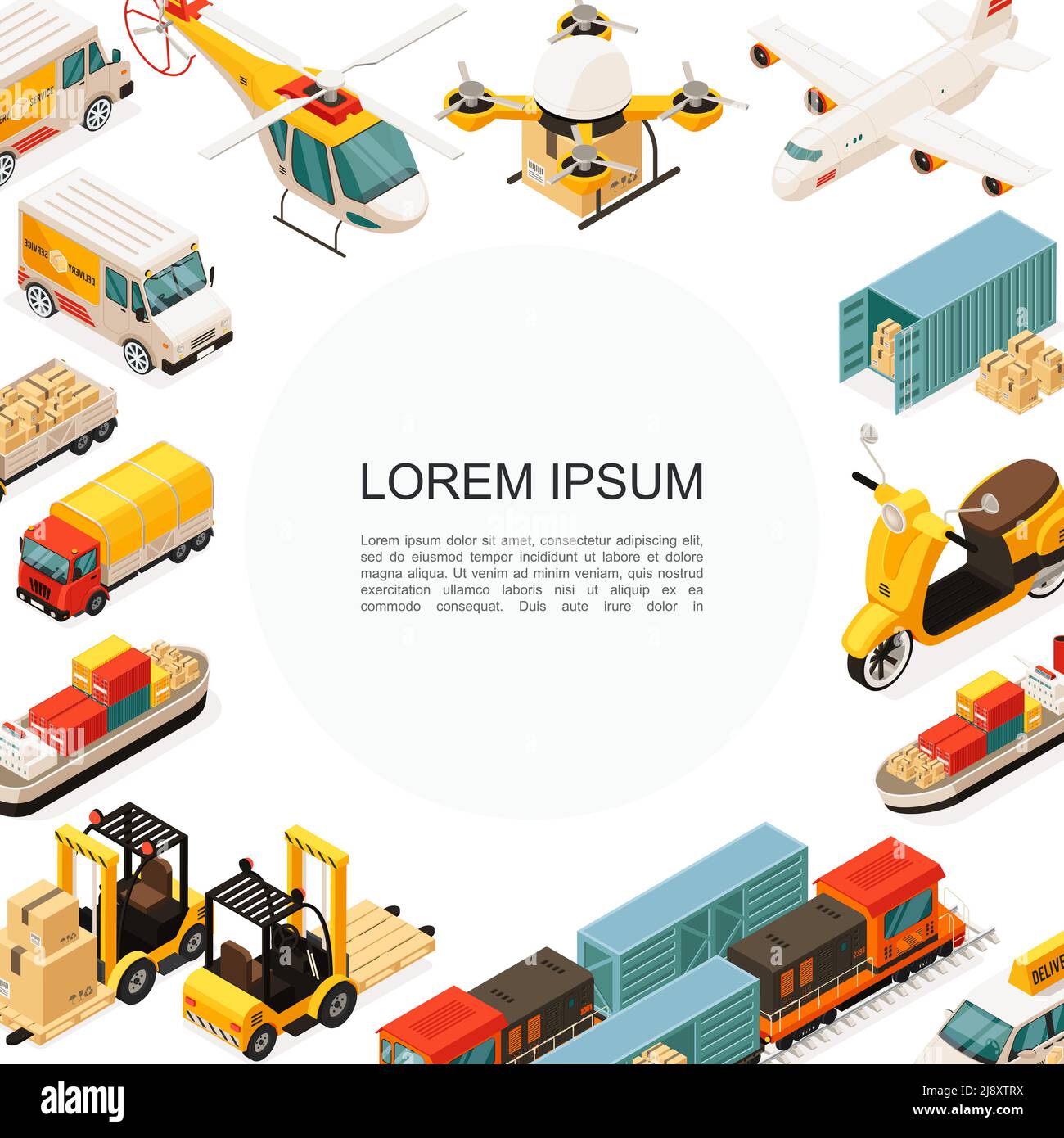 Isometric logistics and transportation template with helicopter drone ...