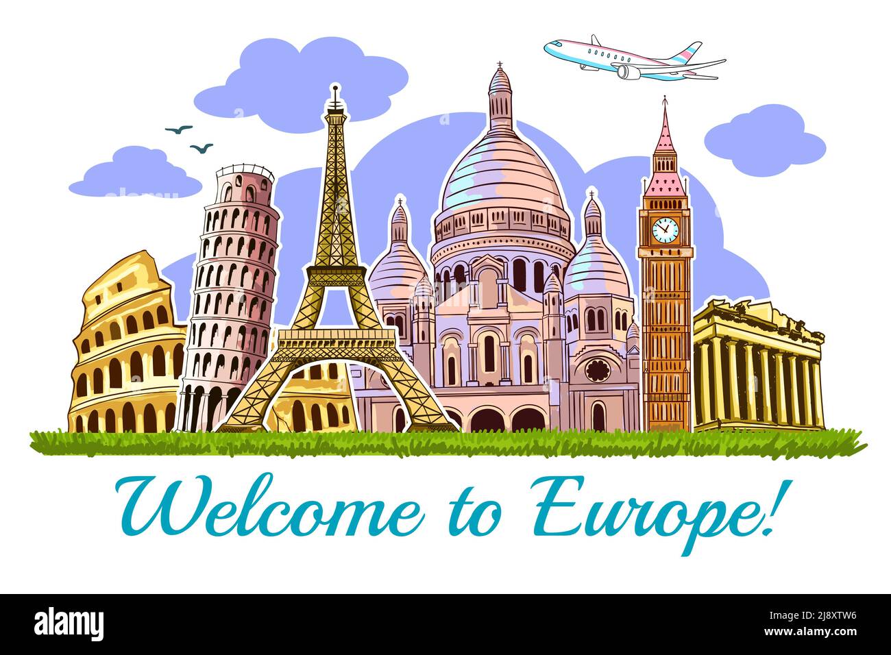 Colored europe buildings travel poster with building of the main ...