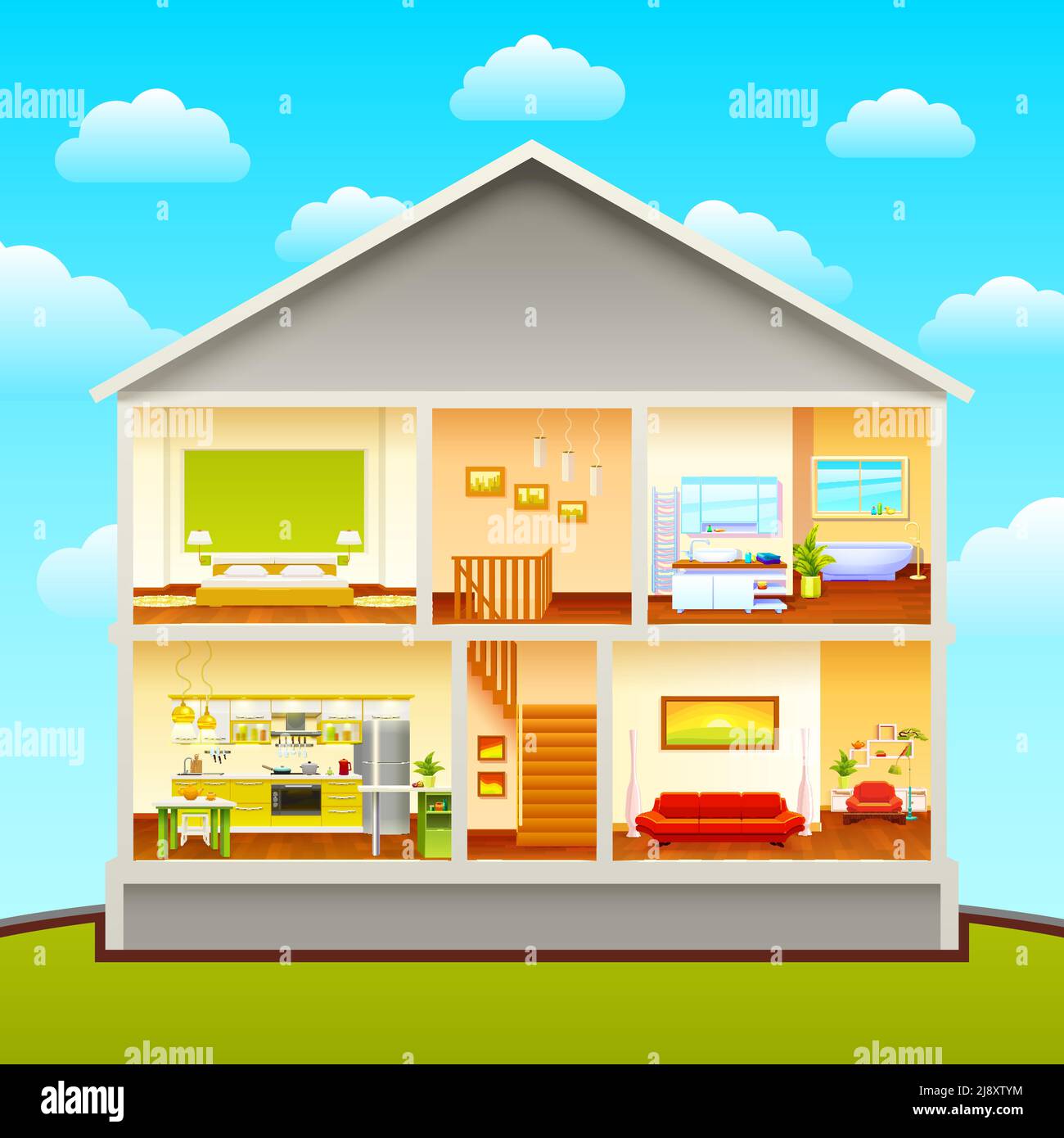 Colorful square composition with profile view of two storeyed suburban ...
