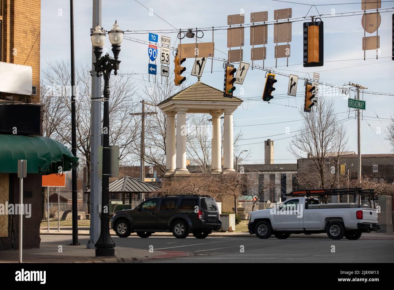 Afternoon light shines on the historic downtown center of Gary, Indiana ...
