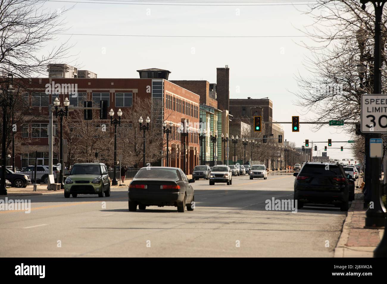 Afternoon light shines on the historic downtown center of Gary, Indiana ...