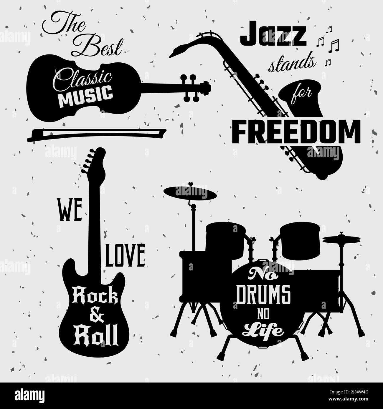 Music quotes monochrome collection with classic and modern instruments ...