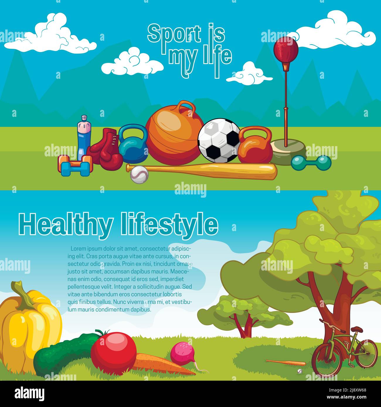 Healthy Lifestyle Horizontal Banners With Sports Equipment And Fresh
