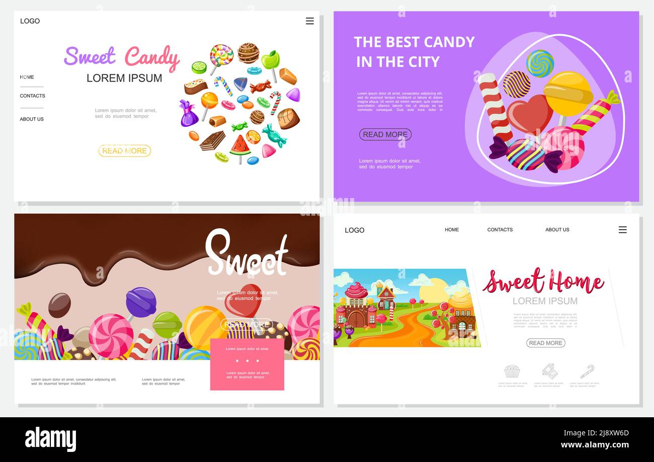 Flat sweets websites set with colorful chocolate caramel candies ice ...